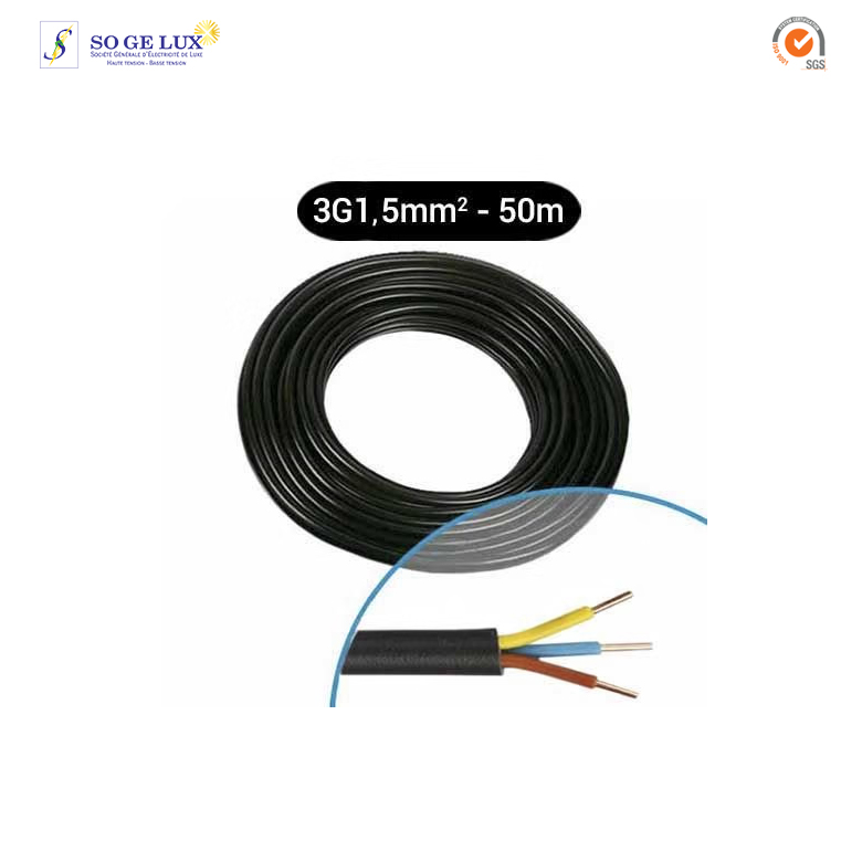 Câble électrique R02V 3G1.5² M/B/VJ - Couronne de 50m - Sogecom